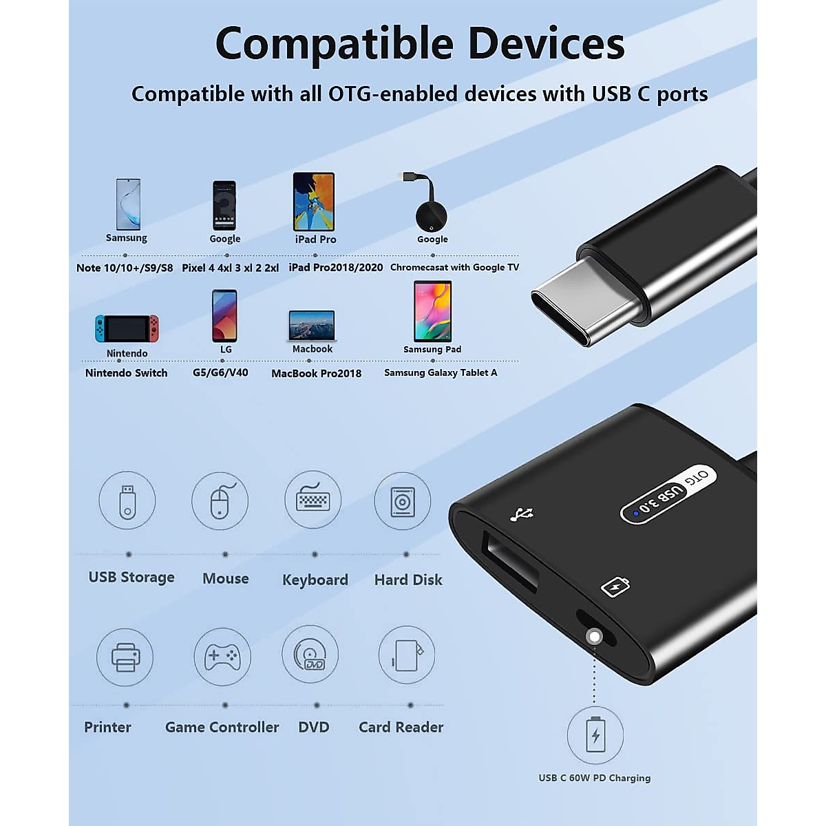 USB C OTG Adapter with Power, 2 in 1 USB C to USB with 60W PD Charging Adapter Compatible with iPhone 15/15 Pro, iPad Pro, Galaxy S24/S23/S21/Tab S8/S9, Pixel 8/7/6, Google Chromecast with Google TV