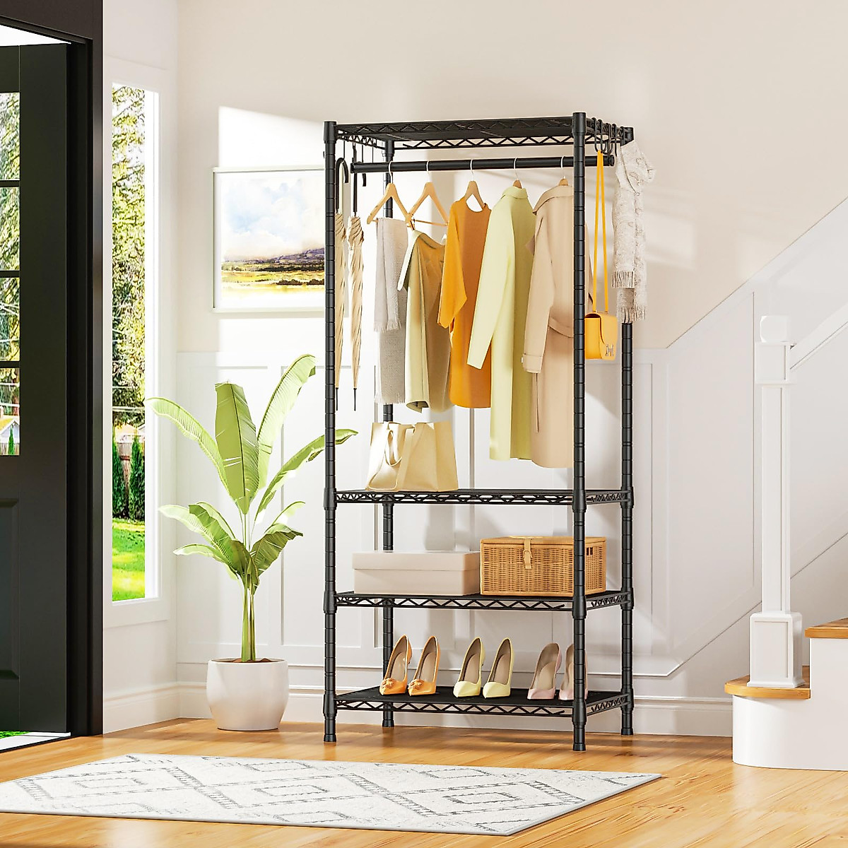 Ulif Portable Closets, 4 Tiers Garment Rack and Metal Clothes Organizer Wardrobe, Suitable for Bedroom, Apartment, Cloakroom, 25.6" W x 15.7" D x 73.2" H, Black