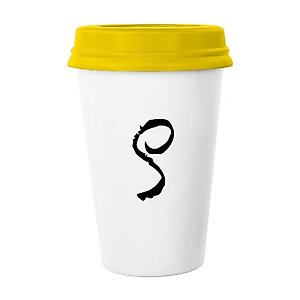 PUROXX Greek Alphabet Rho Black Outline Coffee Tea Mug Pottery Cup Yellow Lid