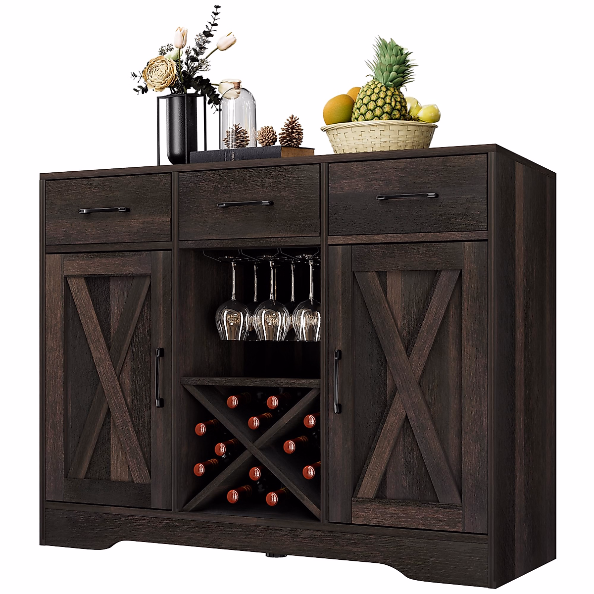 VVFLU Sideboard Buffet Cabinet with Storage Kitchen Farmhouse Coffee Bar Cabinet, Drawers, Removable Wine Rack, Wine Glass Rack, Barn Doors, Adjustable Shelves for Dinning Room, Brown (Coffee Wood)