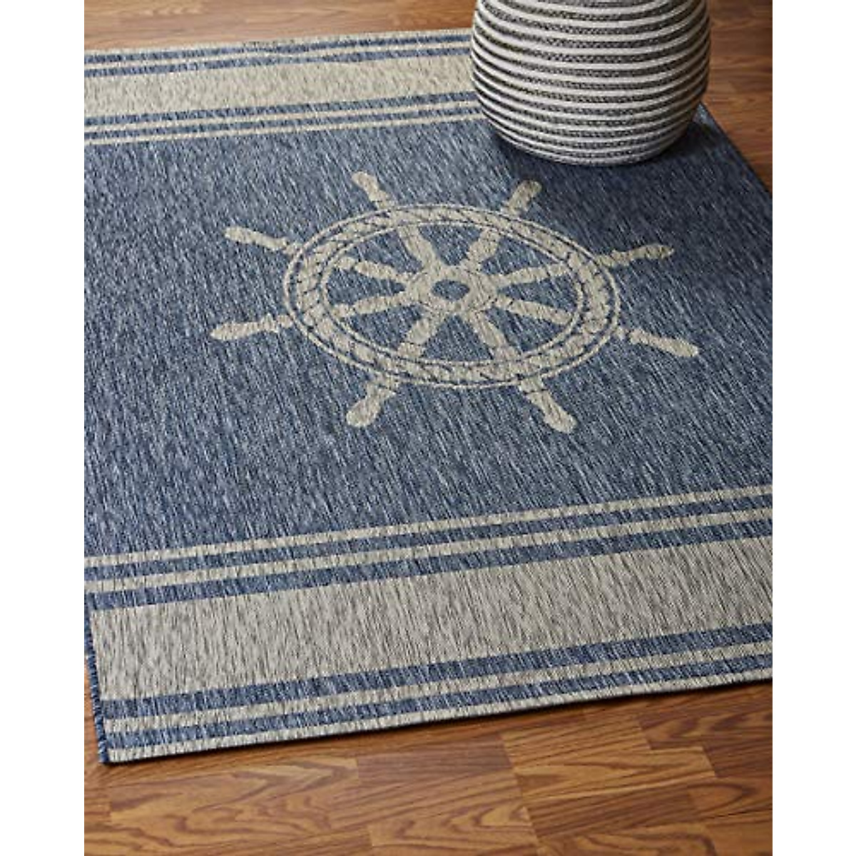LR Home Captiva Nautical Helm Indoor/Outdoor Area Rug, 5' x 7', Navy/Gray