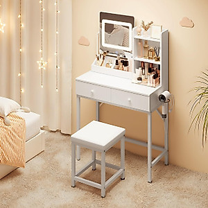 Gizoon Vanity Desk with Mirror and Lights Makeup Vanity Desk with Lights and Chair Small Vanity Table with Drawers for Girls Kids and Women in Bedroom Bathroom and Closet Room, White