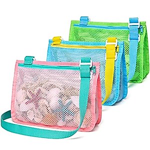 F-color Beach Toy Kids Beach Bag Shell Collecting Bag, Mesh Beach Bag Seashell Bag Net Bag for Sea Sand Pool Swim Beach Shell Accessories Beach Gifts for Kids Girls Boys, 3 Packs (Green, Blue, Pink)