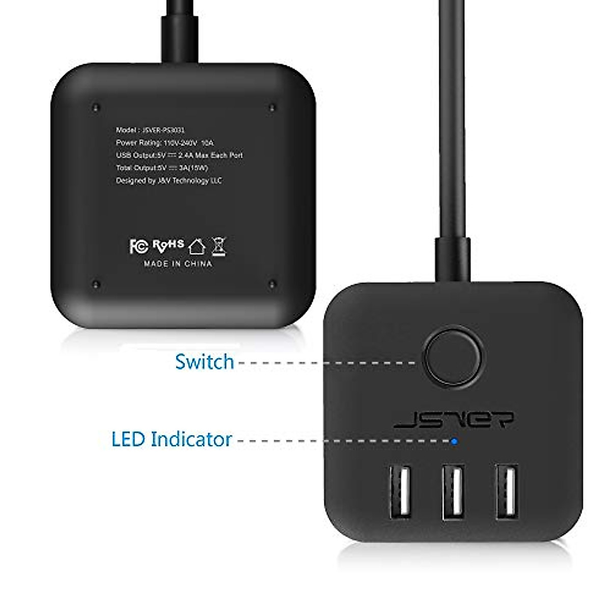 Power Strip with USB, Outlet Strip JSVER USB Power Strip, Power Strips 3 USB Ports 3 Outlets, 4.92ft Power Extension Cord for iPhone Xs/XR/X/8, Travel, Office, Cruise Ship, Dorm (Black)