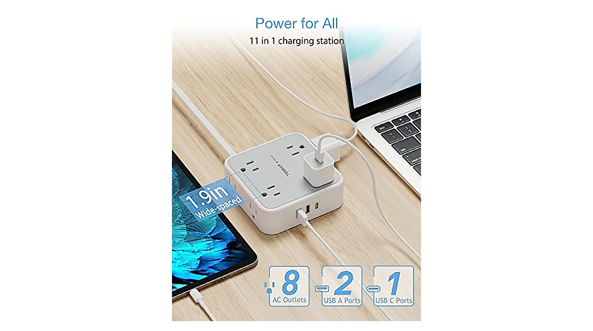 Ultra Thin Flat Power Strip with USB-C & Surge Protection | TESSAN