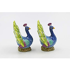 Fine Porcelain Peacock Open Fan Tail Salt & Pepper Shakers Set, 3-1/8" H