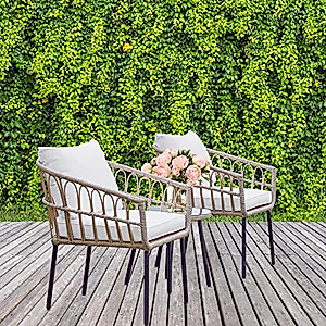 Homsido 3-Piece Outdoor Rattan Patio Furniture Set, Bohemian Simple Wicker Patio Chair Conversation Indoor Sets with Coffee Table and Waterproof Cushion