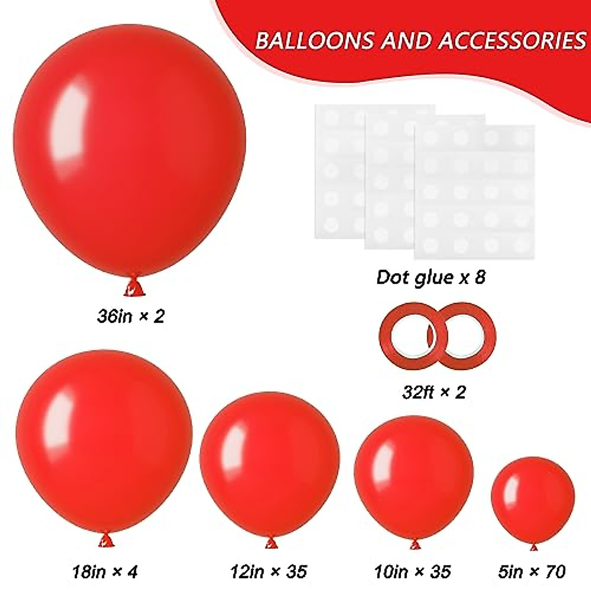 RUBFAC Red Balloons, 146 pcs Different Sizes Pack of 36 18 12 10 5 Inch for Balloon Garland or Balloon Arch as Graduation Wedding Birthday Baby Shower Anniversary Party Decorations