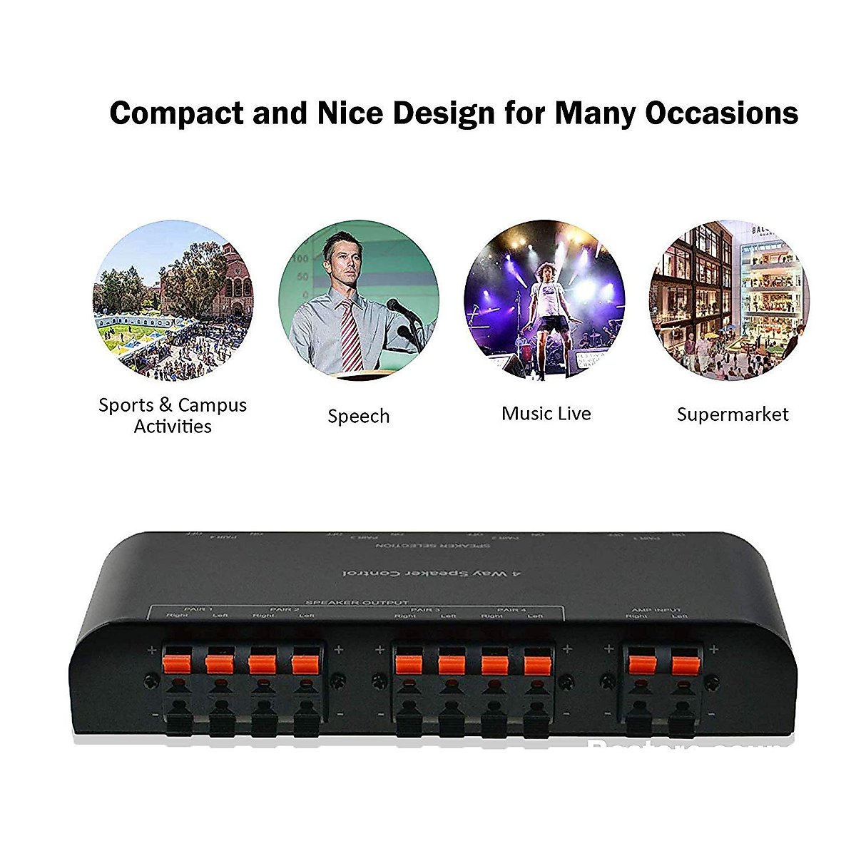 A ADWITS 4-Channel Speaker Switcher Selector Box with Terminal Claps 200W RMS Max 100W Switchable, Black
