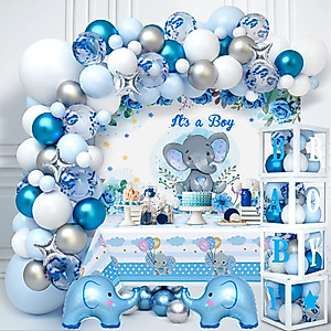 Golray 155pcs Elephant Baby Shower Decorations for Boy Baby Boxes with Letters Blue Balloon Garland Kit It's a Boy Backdrop Tablecloth Star Elephant Kid Birthday Party Supplies Baby Boy Shower Decor