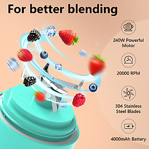 VKYOZVA Portable Blender, 20 Oz Travel Blender USB-C Rechargeable with 6 -leaf Stainless Steel Blades, BPA Free, Personal Blender for Shakes and Smoothies,Suitable for Family Travel Gyms, Mint Blue