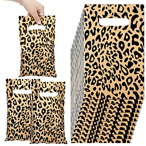 50 Pieces Print Treat Bags Plastic Bag with Die Cut Handle Candy Bags Animal Party Bags Plastic Merchandise Goodies Bags Shopping Bags Gift Bags Wild Life Birthday Party Supplies(Leopard)