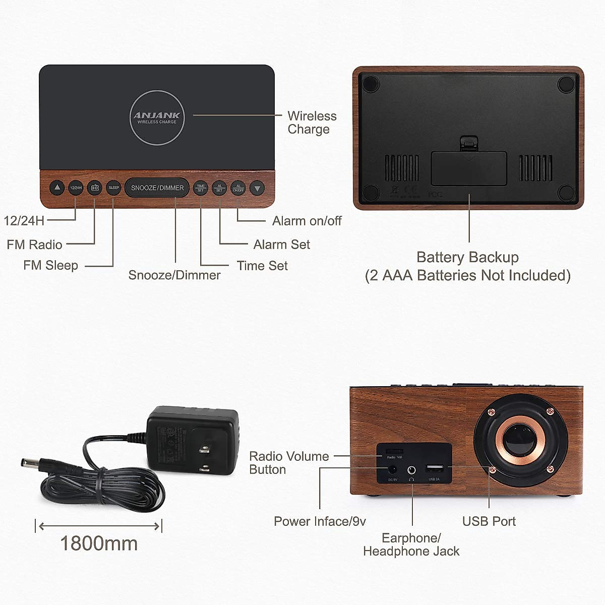 ANJANK Wooden Digital Alarm Clock FM Radio, Fast Wireless Charger Station for iPhone/Samsung Galaxy, 5 Level Dimmer, USB Charging Port, 2 Sounds, Sleep Timer, Wood LED Clock for Bedroom, Bedside, Desk