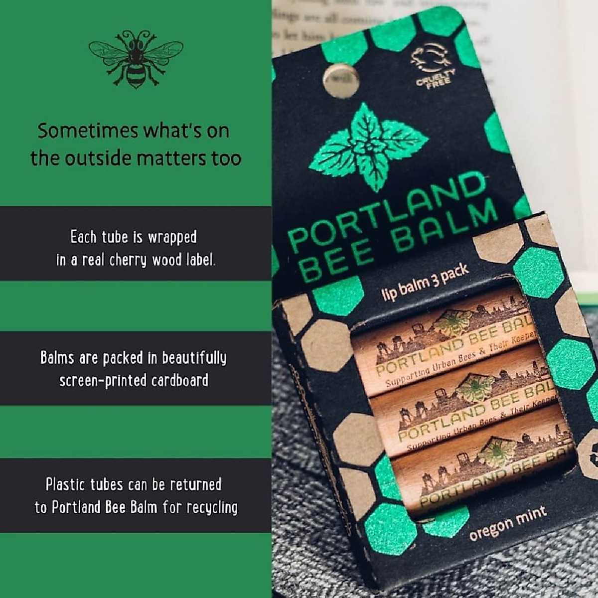 Portland Bee Balm All Natural Handmade Beeswax Based Lip Balm, Oregon Mint 3 Count