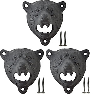 NSBELL 3PCS Cast Iron Bottle Opener Bear Vintage Wall Mount Grizzly Bite Bottle Opener