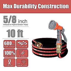 M JJYPET Upgraded Hybrid Garden Hose,5/8in.x10ft,Light Weight,No Kink Water Hose with 7 Function spray Hose Nozzle,Leak Proof Short Hose for Outside Car,Floor,Yard Washing,Garden Watering.(10FT)