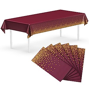 Neatiffy 54 x 108 Inch Rectangle Plastic Table Cloth Picnic/Camping/Birthday Party/Banquet Table Cover. Disposable/Reusable Tablecloths - Burgundy with Golden Dot