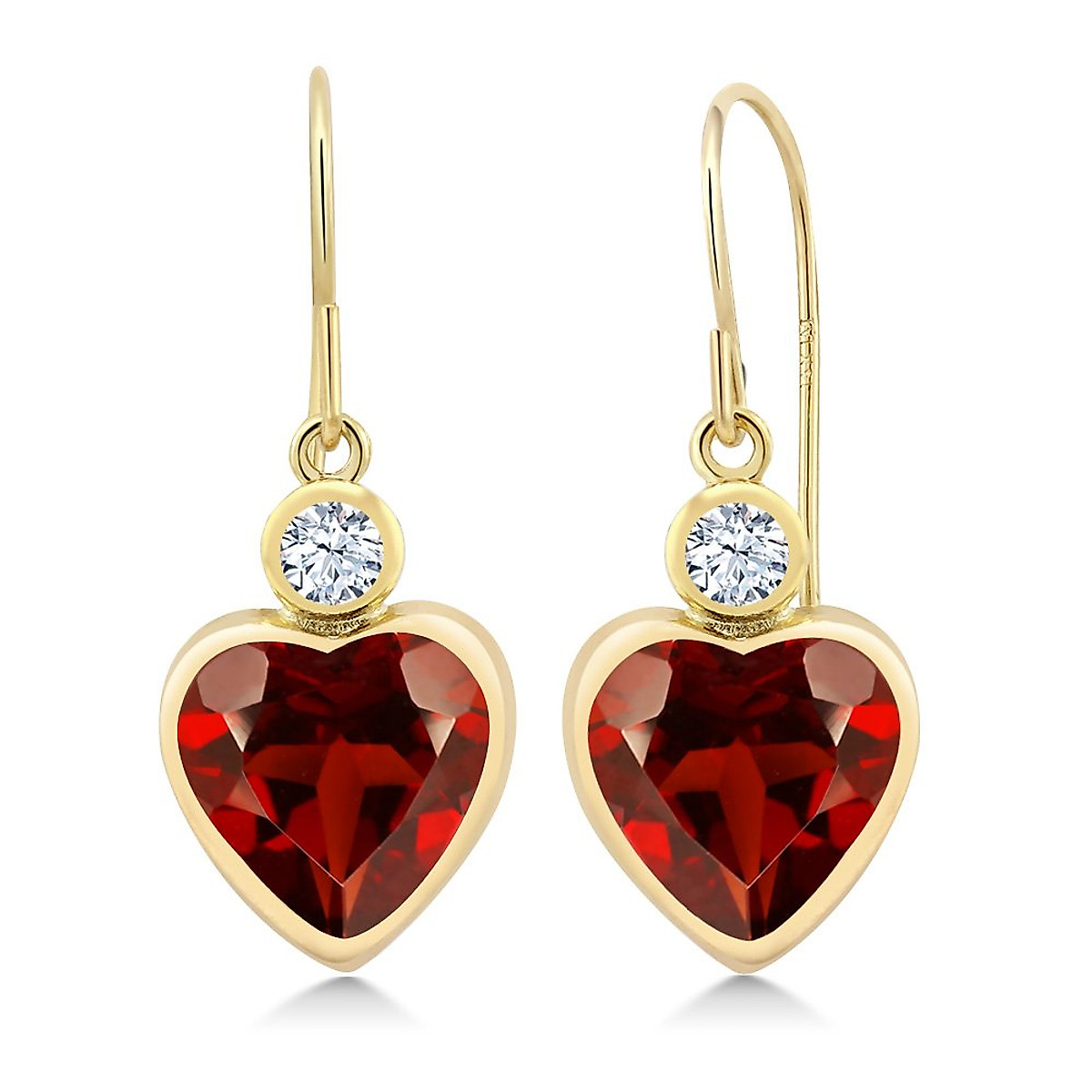 Gem Stone King 14K Yellow Gold Red Garnet and White Zirconia Earrings For Women (4.22 Cttw, Gemstone January Birthstone, Heart Shape 8MM and, Round 3MM)