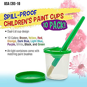 U.S. Art Supply 10 Piece Children's No Spill Paint Cups with Colored Lids and 10 Piece Large Round Brush Set with Plastic Handles