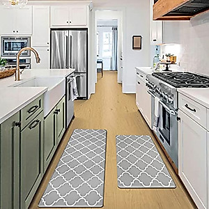 EARTHALL Kitchen Mat [2 PCS] Cushioned Anti-Fatigue Floor Mat, Waterproof Non-Slip Grey Trellis Kitchen Rug Runner Ergonomic Comfort Standing Mat for Kitchen, Home, Office, Sink, Laundry, Desk