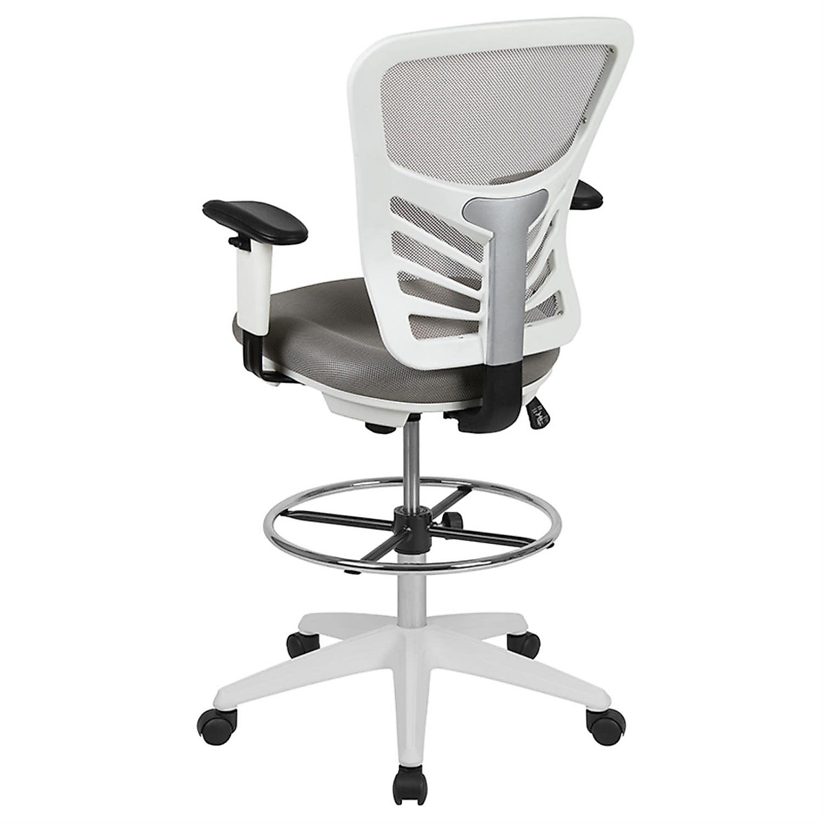 Flash Furniture Tyler Mid-Back Light Gray Mesh Ergonomic Drafting Chair with Adjustable Chrome Foot Ring, Adjustable Arms and White Frame