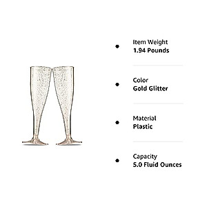 50 Plastic Champagne Flutes - Disposable Champagne Flute - Gold Glitter Plastic Champagne Glasses for Parties, Mimosa Bar, Events, Wedding and Shower Party Supplies - Toasting Cocktail Cups