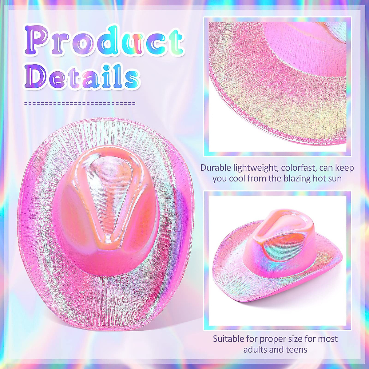 6 Pieces Glitter Cowgirl Hats Women Bride Hat Holographic Cowboy Hat Space Hats for Wedding Birthday Bachelorette Parties Favors (Beige and Pink)