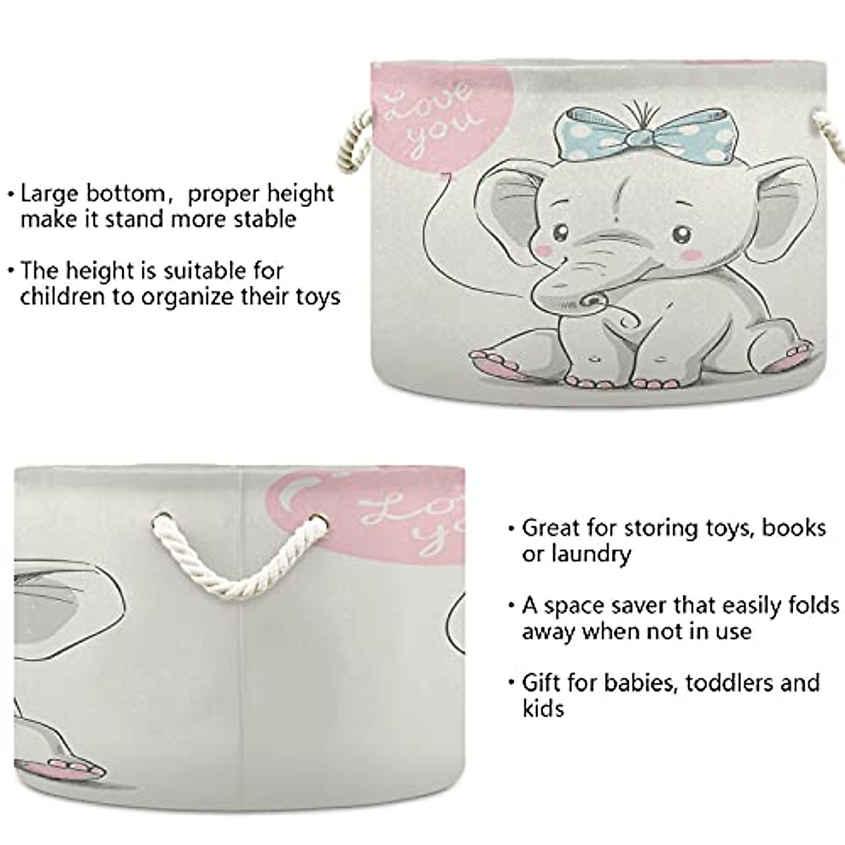 Round Storage Basket 20"x14" Cute Baby Elephant and Balloons Collapsible Storage Organizer Basket with Handles, Fabric Nursery Laundry Basket Large Capacity