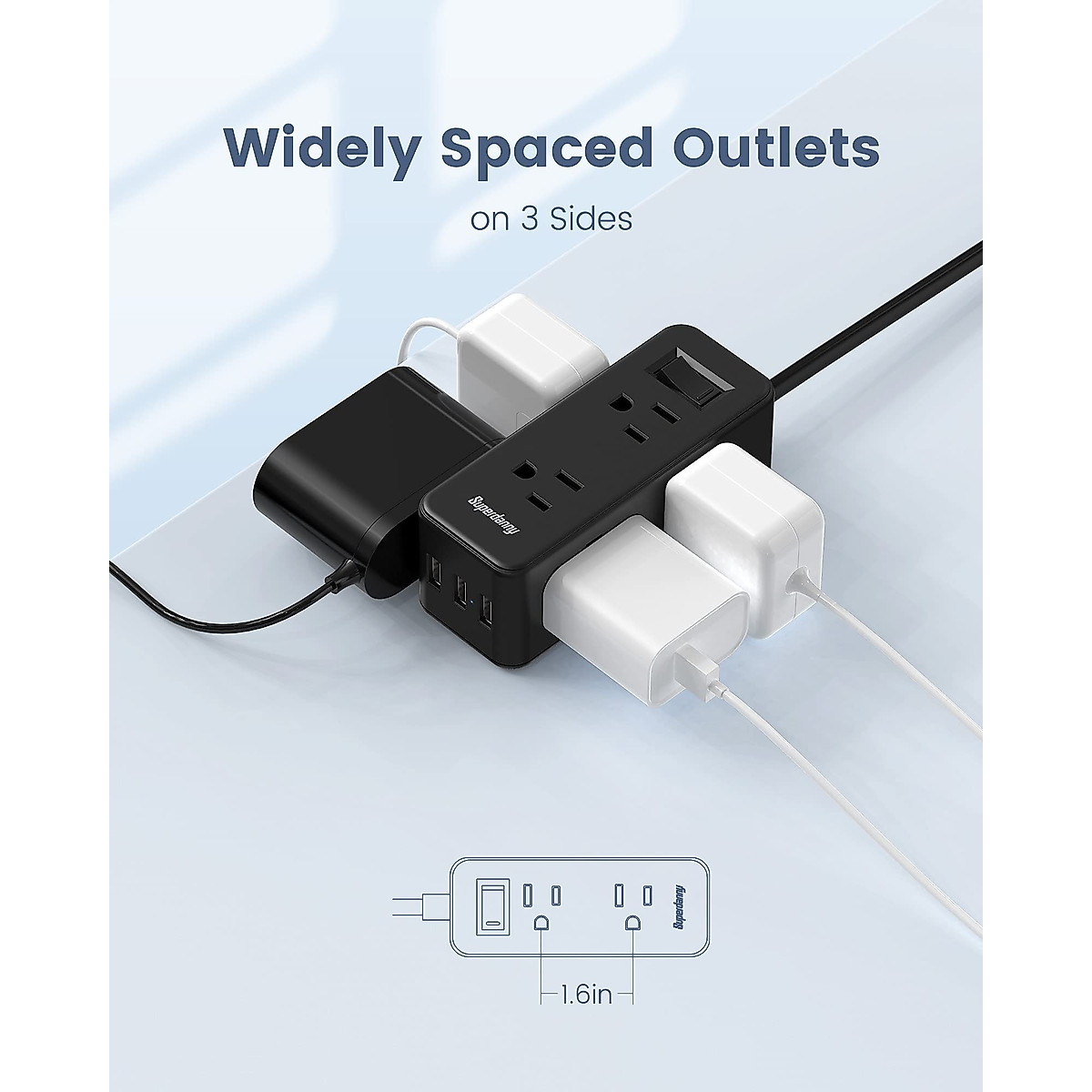 Power Strip Surge Protector with USB, SUPERDANNY Mini Flat Plug Extension Cord with 6 Widely Space Outlets & 3 USB Ports 5 Ft, Wall Mount, Compact & Small Charging Station for Office/Travel, Black