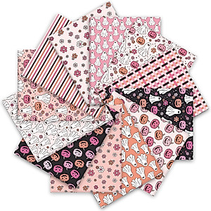 JarThenaAMCS 12Pcs Halloween Cotton Fabric Bundles 18 x 22 Inch Pumpkin Ghost Flower Fat Quarters Pink Black Holiday Sewing Fabrics for DIY Craft Party Decor