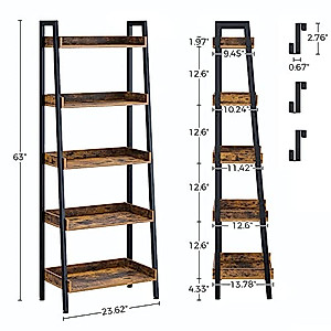 Rolanstar Bookshelf, 5 Tier Ladder Bookshelf with 3 Hooks, Industrial Bookcases, Freestanding Display Plant Shelves with Metal Frame for Living Room, Rustic Brown