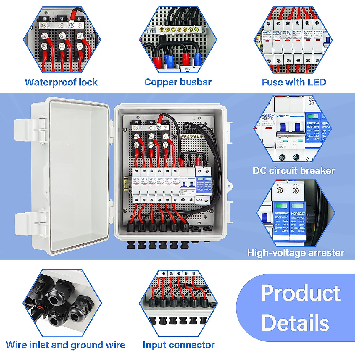 Solar Combiner Box PV Combiner Box 6 Strings with Lightning Arrester and 15A DC Fuse and 63A Circuit Breaker and Diodes for On/Off Grid Solar Panel System IP65