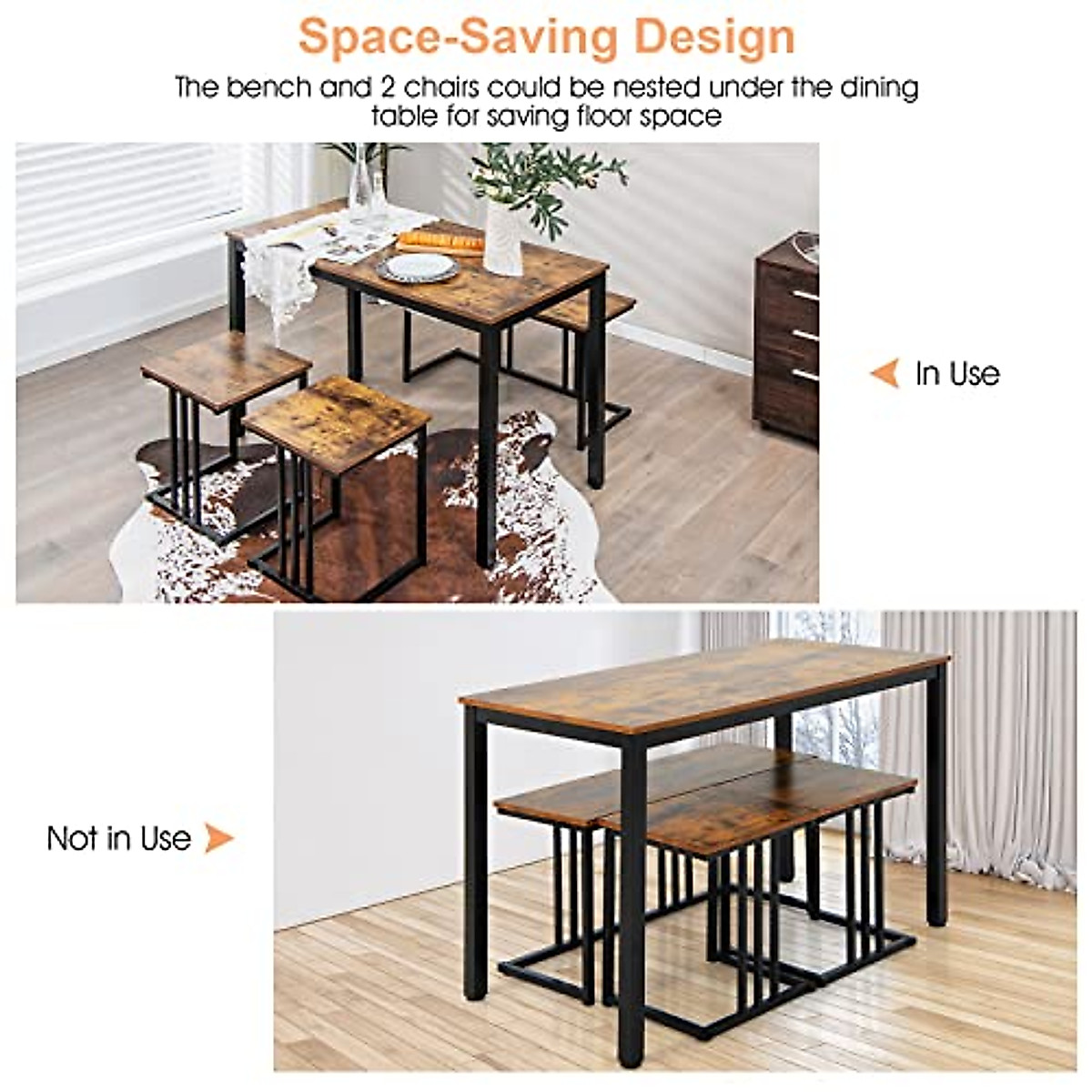 Giantex 4 Piece Dining Table Set, Kitchen Table and Chairs for 4, Nesting Furniture Set w/Bench & 2 Stools, Space-Saving Table Set, Modern Desk Set for Dining Room Restaurant