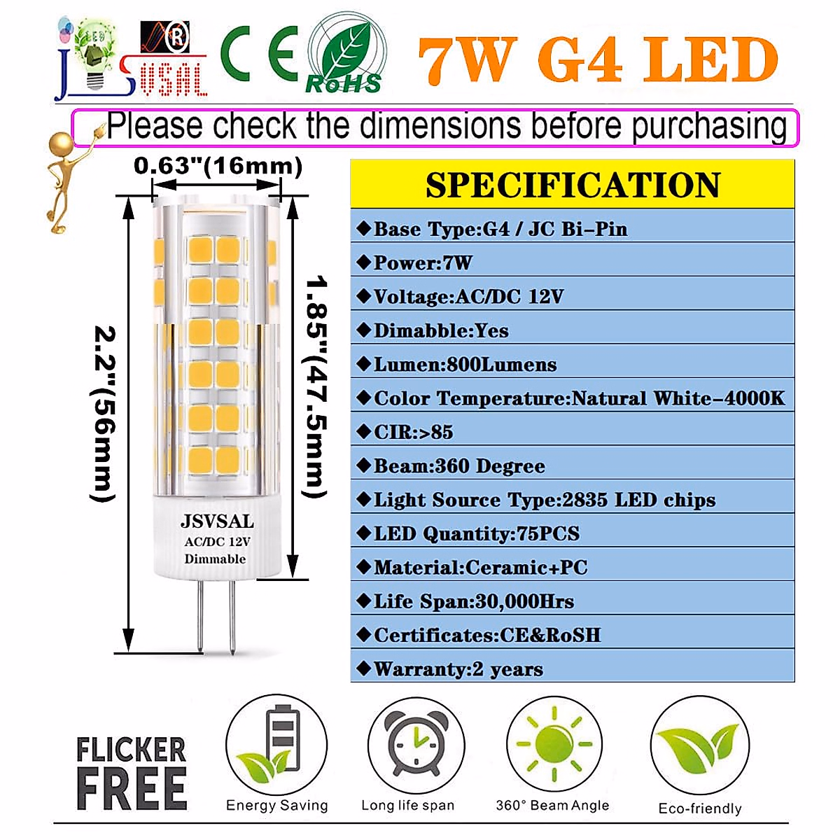 JSVSAL (4-Pack G4 LED Bulb Dimmable 7 Watt G4 Bulb Equivalent to 60W 70W G4 Halogen Bulb Replacement, T3 JC Type Bi-Pin G4 Base, DC/AC 12V Natural White-4000K G4 Light Bulb
