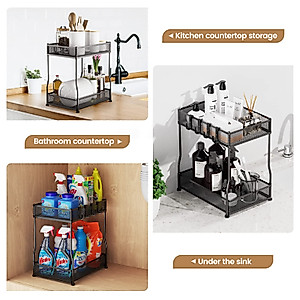 Under Sink Organizers and Storage, PHINOX Under Sink Storage for Kitchen with 4 Hooks, Reinforced Metal Kitchen Sink Cabinet Storage Organizer-2 PACK