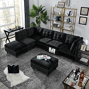 Prohon, Includes Three Two Oversized Sectional Sofa L-Shape Modular Couch with 3 Single Chair, 2 Corner and 2 Ottoman, DIY Combination Convertible Sleeper for Living Room/Bedroom/Office, Black