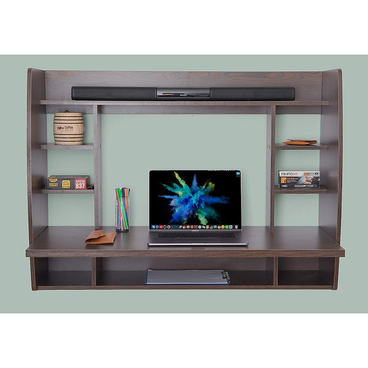 Basicwise Wall Mount Laptop Office Desk with Shelves, Brown,