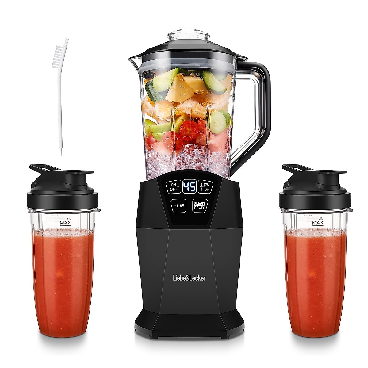 Liebe & Lecker Personal Blender with 1200-Peak-Watts, Smart technology for Frozen Drinks, Shakes, Smoothies & Sauces, Smoothies Blender with 50-oz Pitcher, （2）28-oz To-Go-Cups & Spout Lids, Black