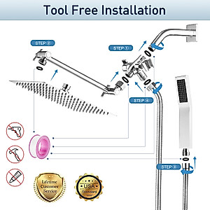 Psylc 10 Inch (All Metal) Rain Shower Head With Handheld, High Pressure Dual Shower Head Combo With Adjustable Extension Arm, 70" Flexible Hose, 3-Way Diverter - Height/Angle Adjustable(Chrome)