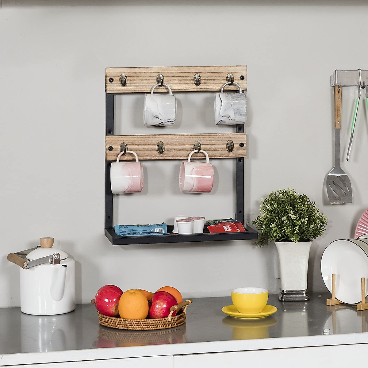 Yuzehuaza Wood Mug Cup Rack Stand with Drawer,2 Tier Countertop Coffee Mug Storage Holder for Coffee Mug Cups Display Organizer Hook,Hold 8 Mugs