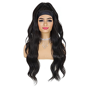 SALLYWELL Long Wavy Headband Wig for Black Women Synthetic Headband Wigs 180% Density Body Wave Headband Wig Full Ends Glueless Headband Wigs Heat Resistant 24 inch