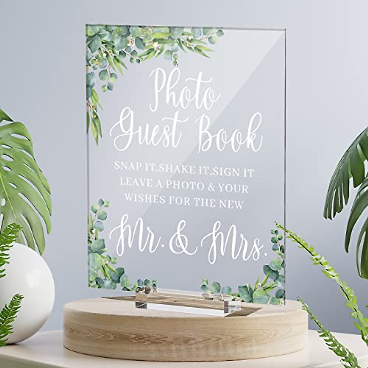 8 x 10 In Wedding Signs for Ceremony and Reception Wedding Photo Booth Sign Guest Sign in Book Clear Acrylic Wedding Sign Wedding Welcome Sign with Base Eucalyptus Leaves Guestbook Message Decoration