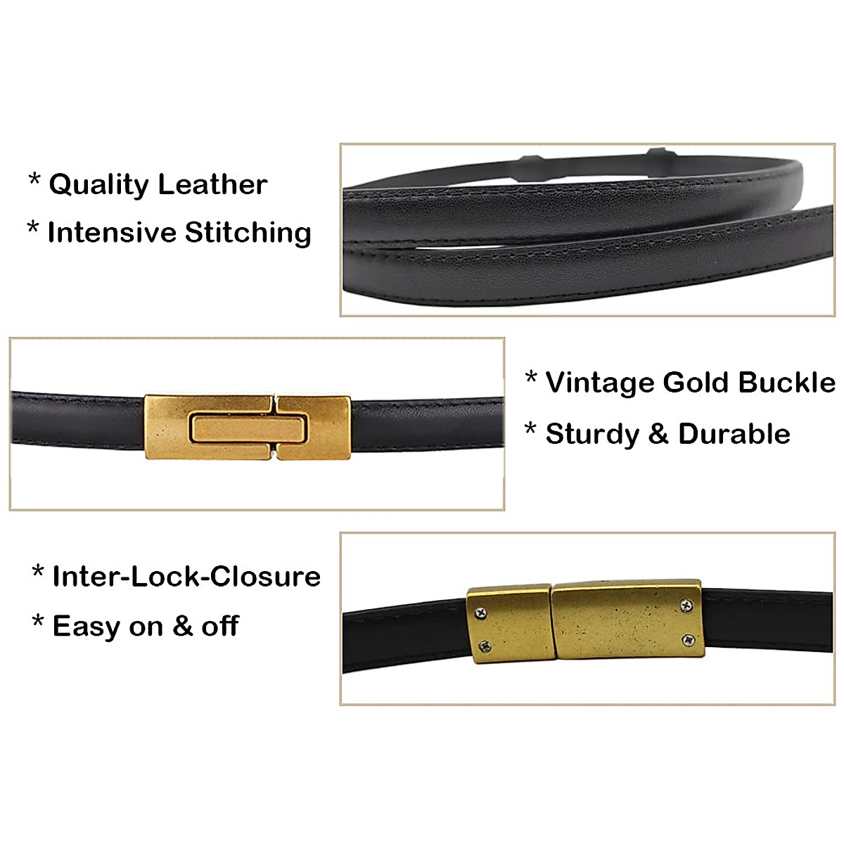 ALAIX Women's Leather Skinny Belt for Dress Adjustable Thin Waist Belt Dress Belt with Vintage Gold Buckle Black