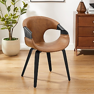 Art Leon Mid Century - Modern Desk Chair No Wheels, Faux Leather Upholstered Wooden Desk Chair, Office Chair with Wood Legs for Living Room Bedroom, Black Oak Bentwood, Brown