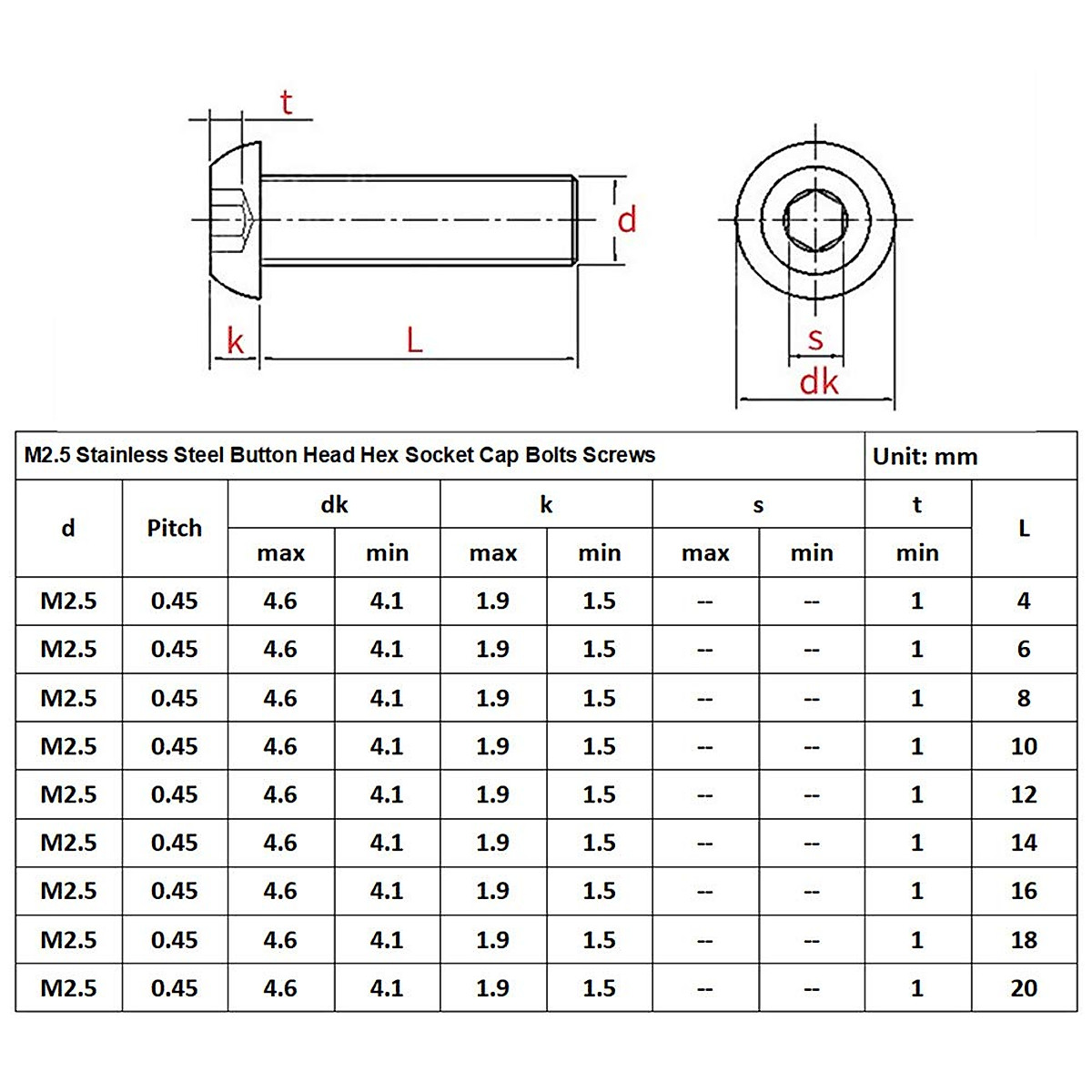 Guard4U 300Pcs Metric M2.5 304 Stainless Steel Button Head Hex Socket Cap Bolts Screws Nuts Assortment Kit- M2.5 x 4mm/ 6mm/ 8mm/ 10mm/ 12mm/ 14mm/ 16mm/ 18mm/ 20mm