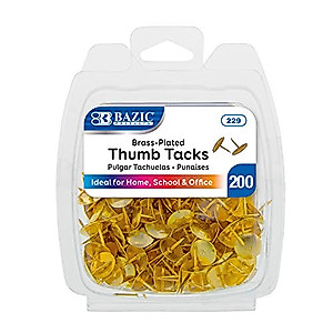 BAZIC Push Pins, Gold Metallic Flat Head Steel Point Thumb Tacks Pin for Cork Bulletin Board Map Posters Picture Office School (200/pack), 1-Pack