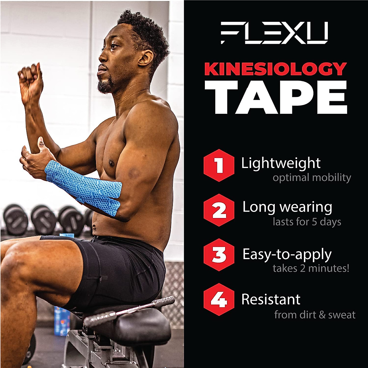 FlexU Synthetic Kinesiology Tape; Single Roll (Pre-Cut or Continuous); Advanced Strength and Flexibility Properties; Longer Lasting Therapeutic Recovery Tape;(pre-cut back)