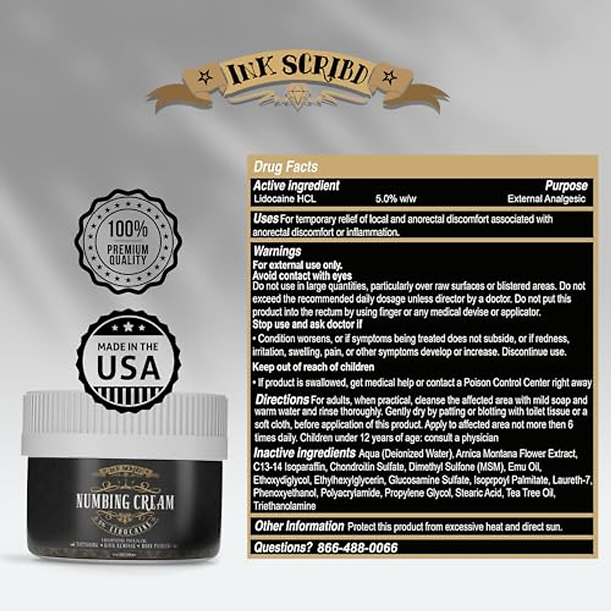 Ink Scribd Premium Tattoo Numbing Cream Topical Pain Treatment for Tattoos. Also for Laser Hair Removal, Brazilian Waxing, Microblading, Microneedling - Maximum Strength 5% Lidocaine (1oz)