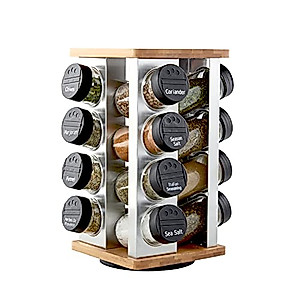 Kamenstein 16 Jar Warner Revolving Countertop Spice Rack Organizer with Lift & Pour Caps and Spices Included, FREE Spice Refills for 5 years, Stainless Steel & Bamboo with Black Caps