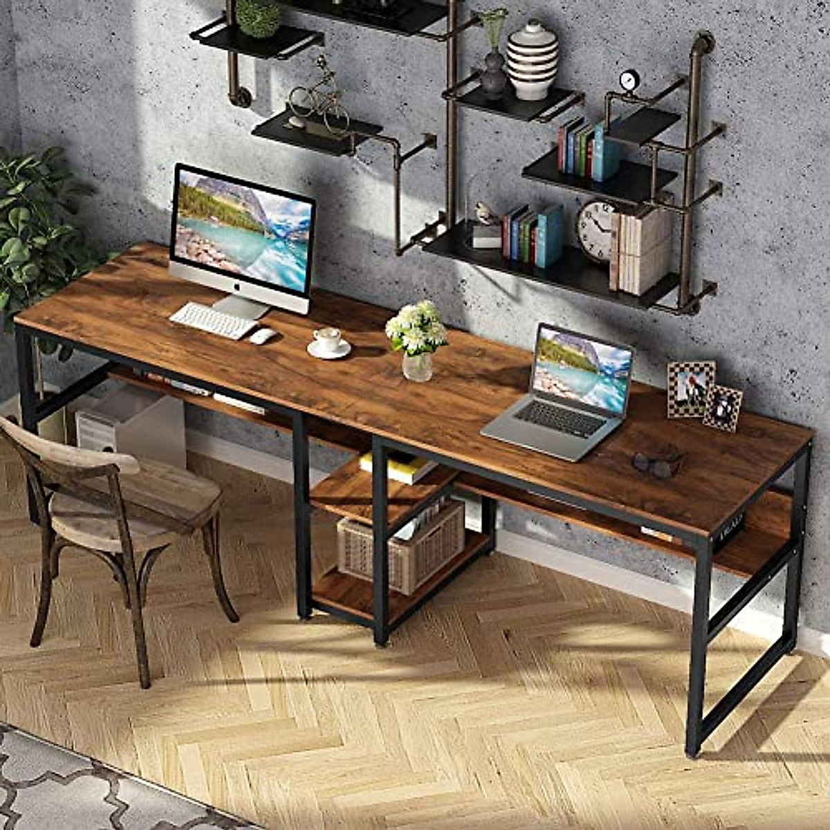 Tribesigns Two Person Desk with Bookshelf, 78.7 Computer Office Double Desk for Two Person, Rustic Writing Desk Workstation with Shelf for Home Office (Brown)